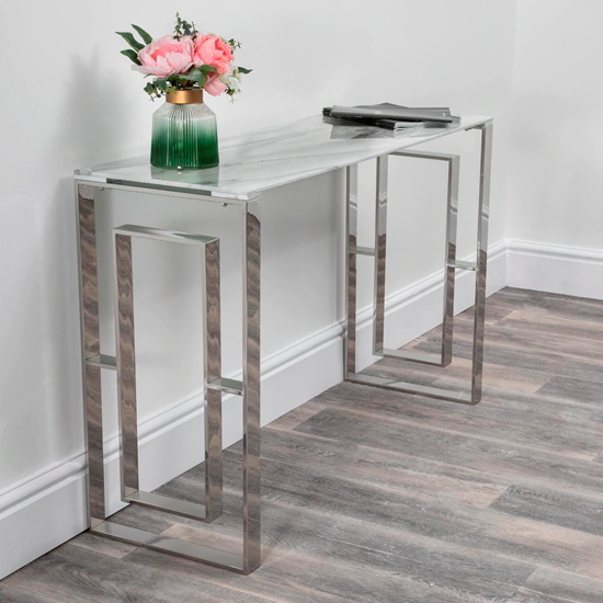 Solana Marble Effect Glass Top Console Table With Silver Frame ...