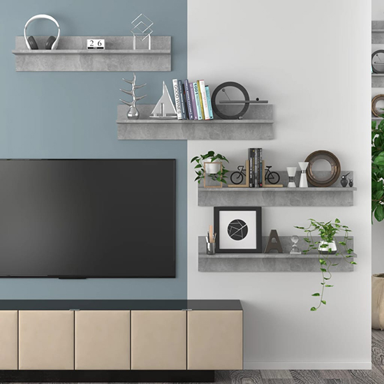Takashi Set Of 4 Wooden Wall Shelf In Concrete Effect