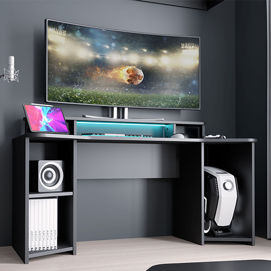 Tavira Wooden Gaming Desk In Matt Black With LED