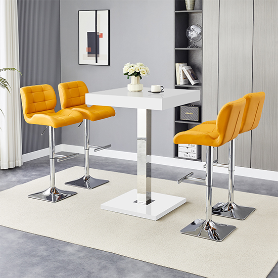 Topaz White High Gloss Bar Table With 4 Candid Curry Stools | Furniture ...