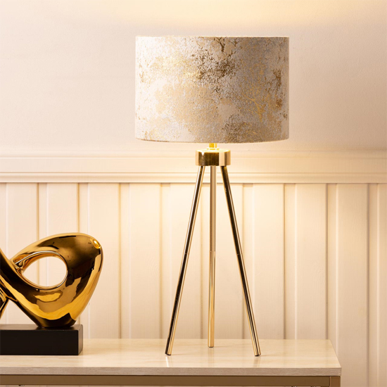 Troy Ivory Linen Shade Gold Inside Table Lamp With Gold Tripod