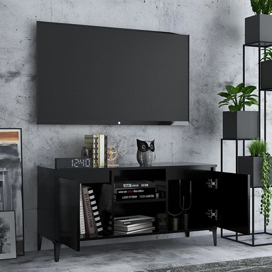 Usra Wooden TV Stand With 2 Doors And Shelf In Black