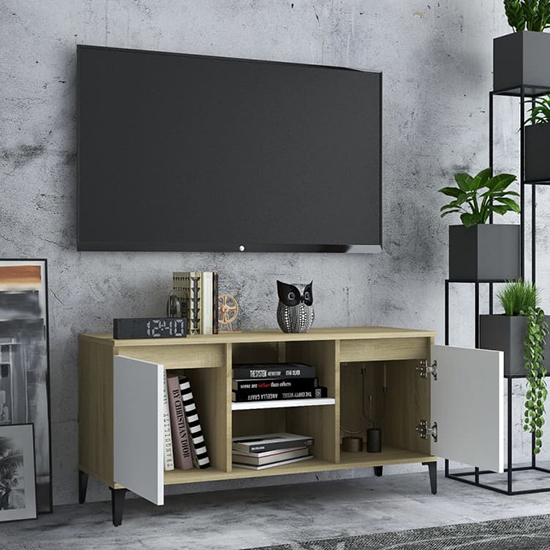 Usra Wooden TV Stand With 2 Doors And Shelf In White Sonoma Oak ...