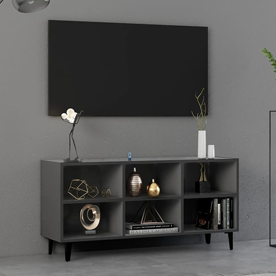 Usra Wooden TV Stand In Grey With Black Metal Legs | Furniture in Fashion