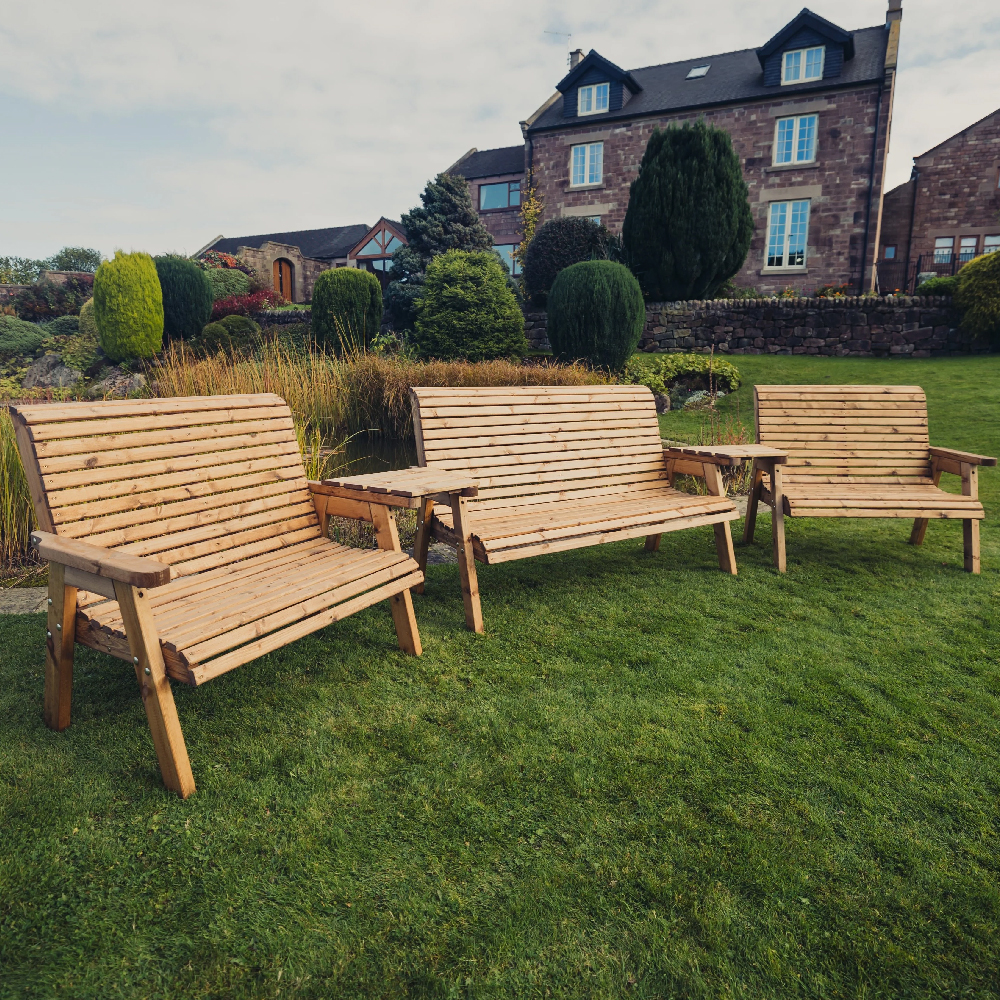 Vail Wooden Garden Angled 7 Seater Bench Set In Natural