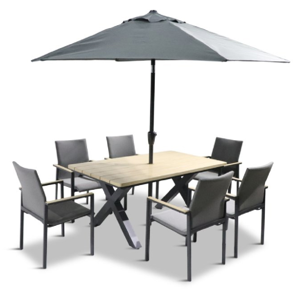 Vega Wooden Garden Dining Set With Parasol In Black Oak