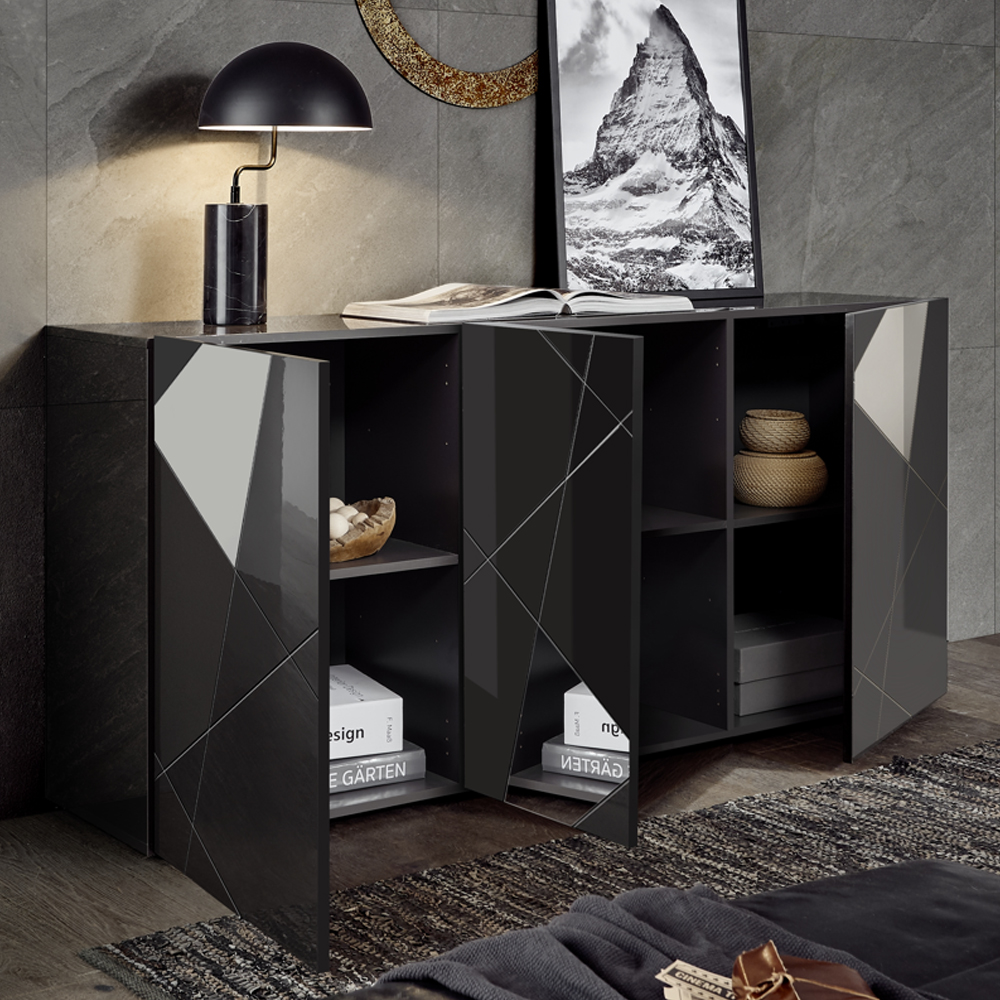 Victoria Mirrored High Gloss Sideboard With 3 Doors In Grey