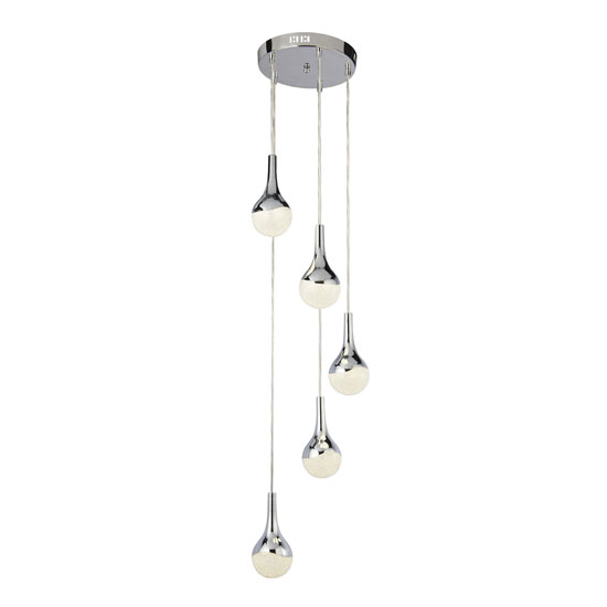Wave LED 5 Multi Drop Pendant Light In Chrome And Crushed Ice