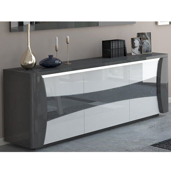 Zaire Gloss Sideboard In White Grey With 3 Doors And LED